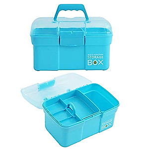 Sunxenze 11'' Clear Plastic Craft Storage Box, Sewing Box Organizer with Removable Tray, Art Storage Box with Handle (Light Blue)