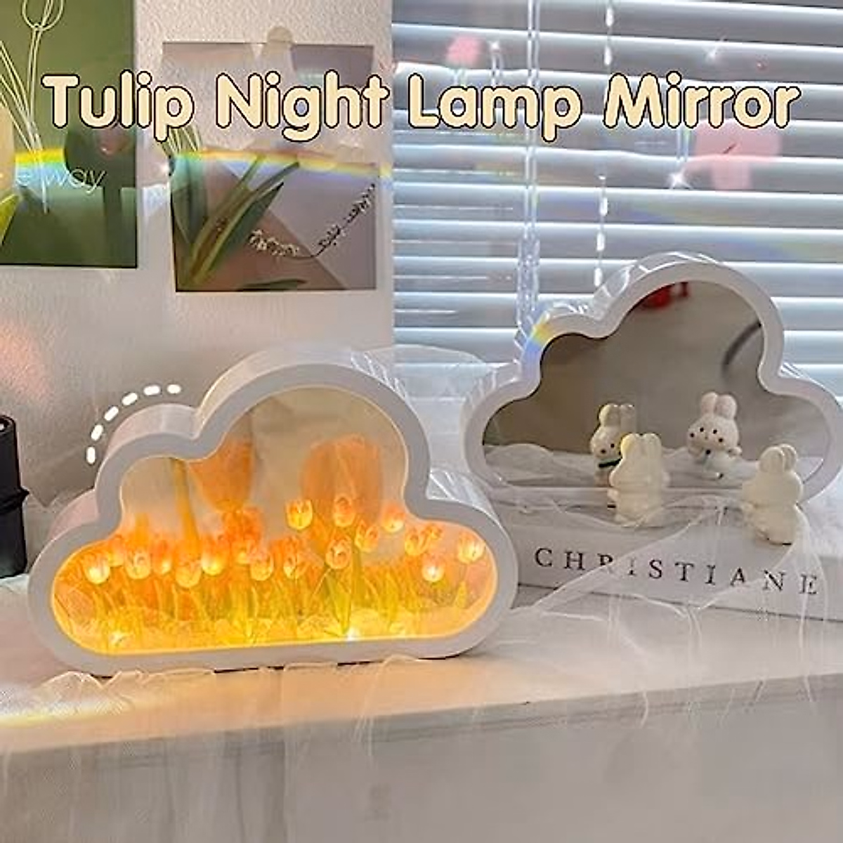 FIALAME DIY Tulip Night Light Room Decor Lamp & Mirror 2 in 1, Artificial Flowers Lamp Battery Powered Material Kit, Warm Ornament Gifts for Family and Friends (Pink)