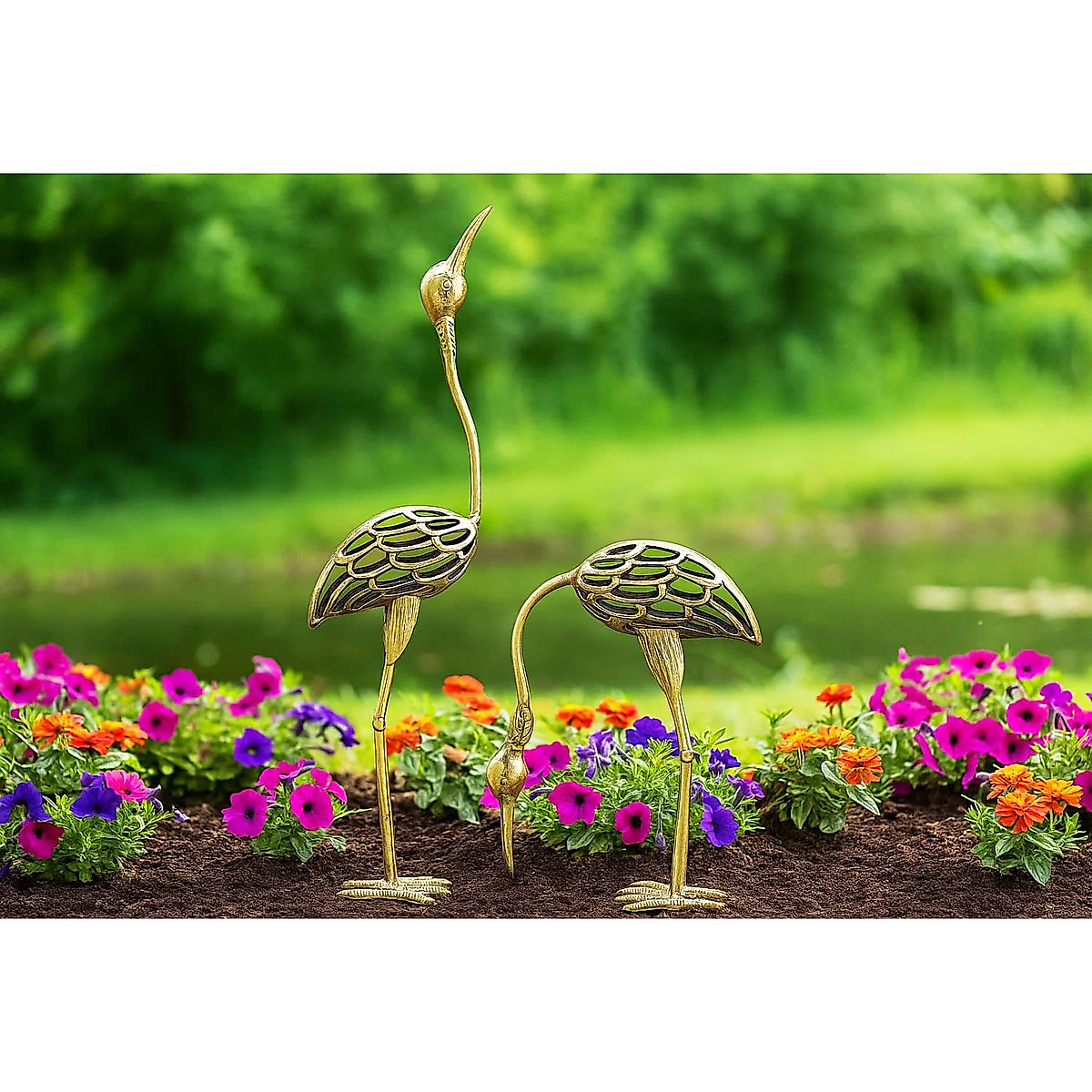 Seraphic Cast Iron Garden Decor Crane Bird Statues, Rustic Bronze, Set of 2