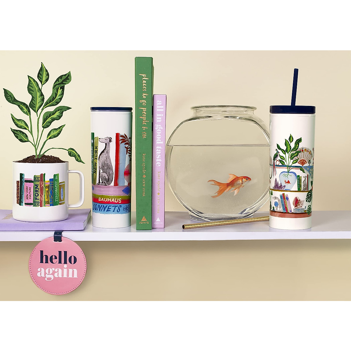 Kate Spade New York Insulated Tumbler with Reusable Straw, 20 Ounce Acrylic Travel Cup with Lid, Bookshelf