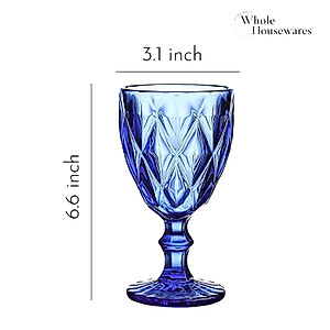 WHOLE HOUSEWARES | Goblet Glass Drinkware Set | Vintage Drinking Cups | 9.5oz Water Goblets Glasses | Set of 6 Colored Glassware for Kitchen | For Wedding or Parties | Cobalt Blue Diamond Pattern