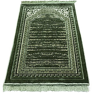Modefa Turkish Islamic Prayer Rug - Comfortable Muslim Praying Mat for Men & Women - Soft Velvet Janamaz Praying Carpet - Ramadan or Eid Gift - with Kufi Prayer Cap - Lux Plush Regal (Light Green)