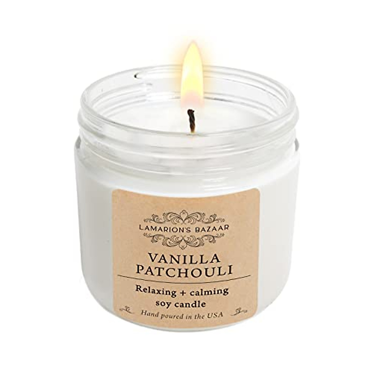 Vanilla Patchouli - Relaxing and Calming Vanilla Patchouli Scented Candle - Large Soy Candle - Glass Jar Candle in a Box