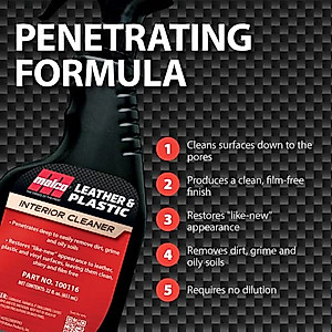 Malco Leather & Plastic Cleaner – Penetrates Deep to Remove Dirt, Grime and Oily Soils/Restores Leather, Plastic and Vinyl/Leaves Surfaces Clean, Shiny and Film-Free / 22 Oz. (100116)