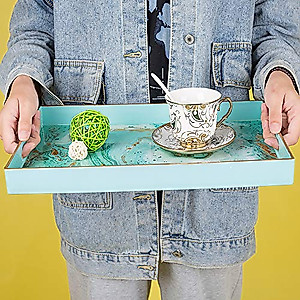 MAONAME Turquoise Serving Tray with Handles, Plastic Decorative Tray for Coffee Table, Marbling Rectangular Tray for Bathroom, Ottoman, Storage, 15.7" Lx 10.2" W X 1.57" H