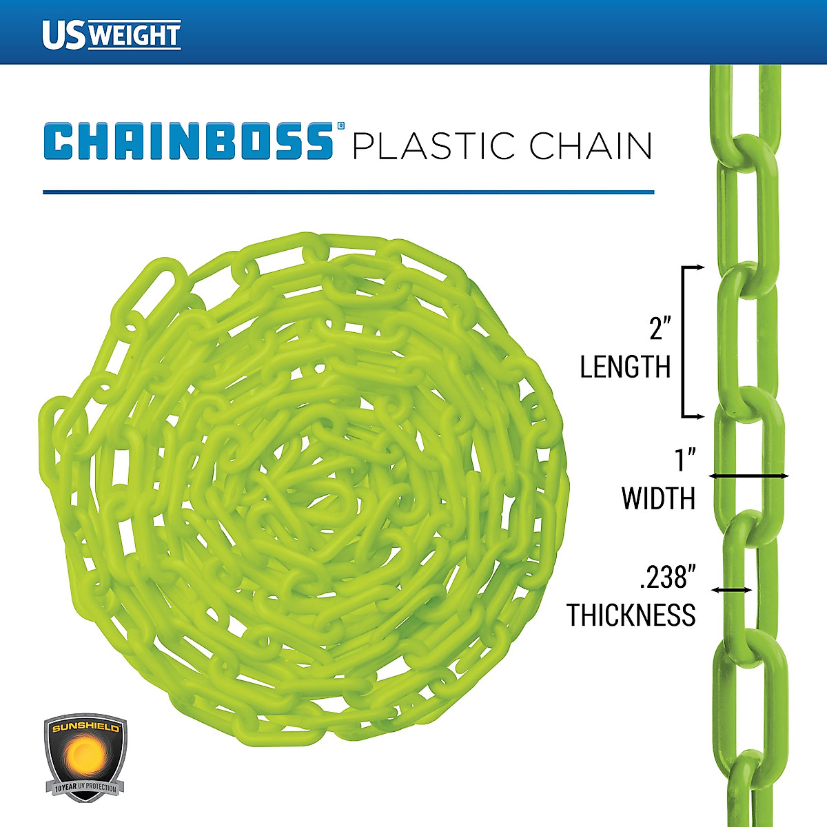 US Weight 2" x 25' Safety Green Plastic Chain with SunShield UV Resistant Technology - Durable Plastic Chain Links for Safety Chain Applications - Made in USA