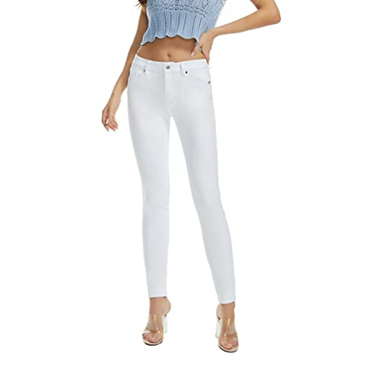 FLYING BANANA Women's White Mid Rise Comfy Stretch Denim Skinny Jeans (White, 14)