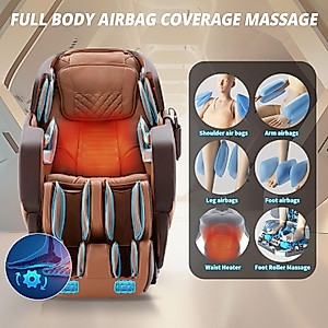 HealthRelife Massage Chair Zero Gravity, Full Body Recliner with Heat Air Pressure SL Track Airbags, Shiatsu Foot Roller Massage Thai-Stretch Bluetooth Speaker, Brown