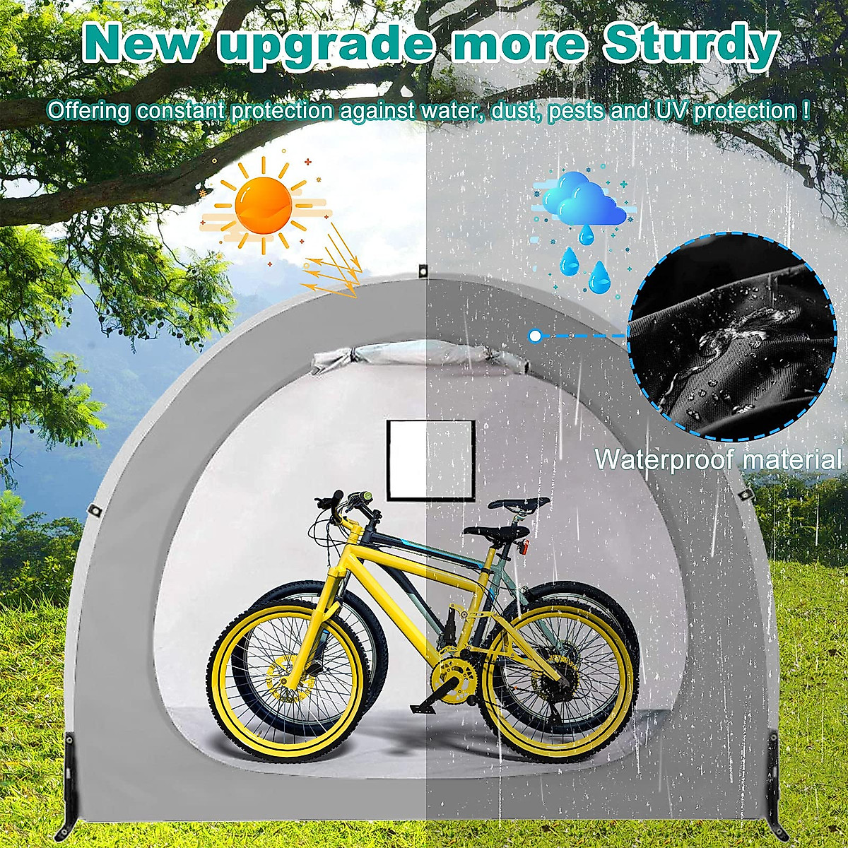 HHUK Bicycle Tent Cover,Bike Storage Shed,Portable Outdoor Waterproof Tents Bicycle Shelter with A Snowflake Tool and Combination Lock,for Store 2 Bikes or Tricycle or Gardening Tools (Silver Gray)