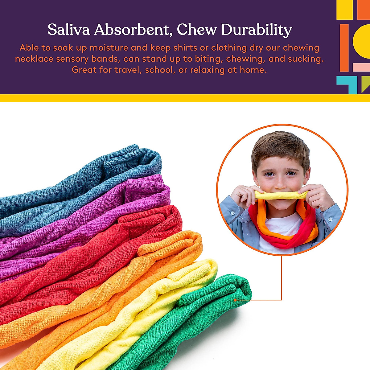 Special Supplies Chew Necklaces for Sensory Kids Boys and Girls, 6 Bands, Soft and Super Absorbent Terry Cloth, Shirt and Clothing Oral Stimulation Alternative, Reusable and Washable