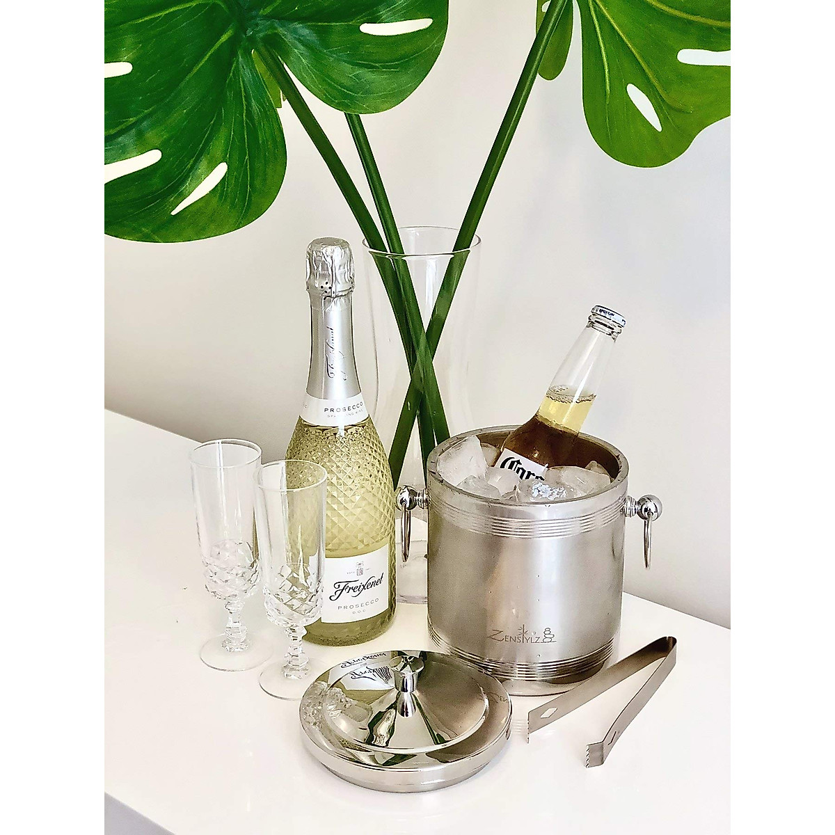 Ice Bucket with Lid, Tongs, Insulated Double Wall Design, Premium Quality Brushed Stainless Steel, Handles, 1.4L, Small, Great as a Gift, Great for Parties