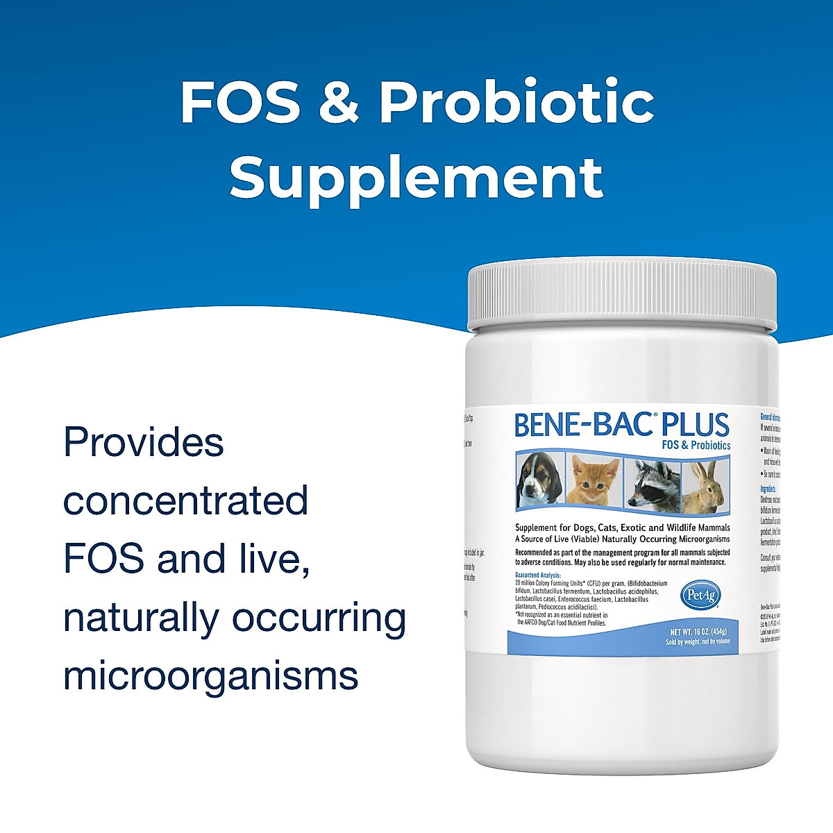 Pet-Ag Bene-Bac Plus - 1 lb Powder - FOS & Probiotics for Dogs, Cats, Exotic & Wildlife Mammals