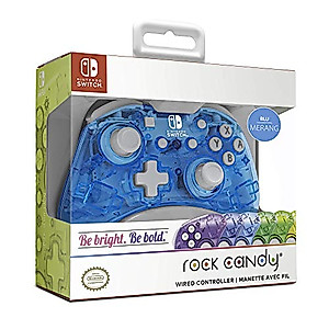 PDP Rock Candy Wired Gaming Switch Pro Controller - Blu-merang Blue / Clear - Licensed by Nintendo - OLED Compatible - Compact, Hard Transparent Plastic Travel Controller - Holiday & Birthday Gifts
