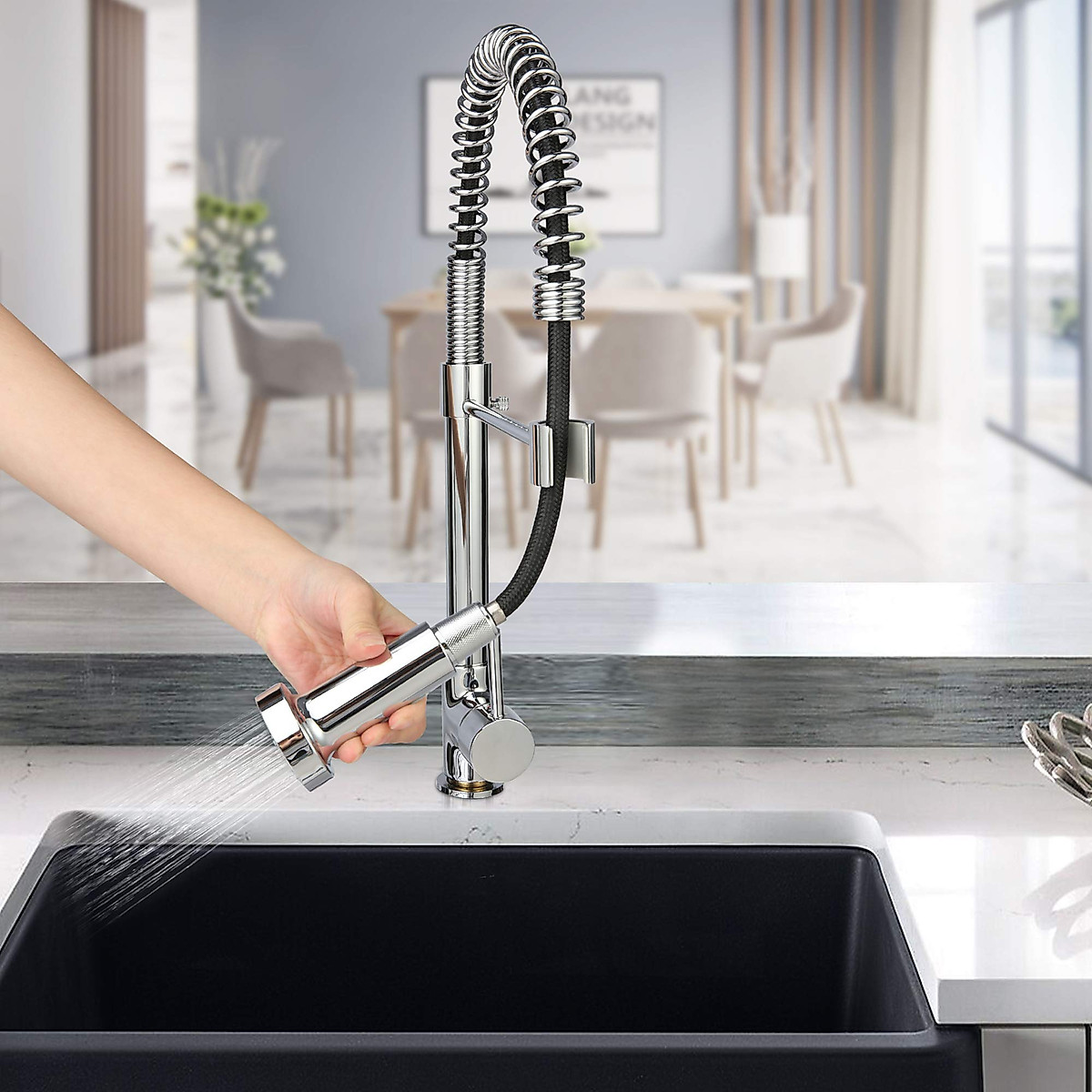 LUCKYERMORE Commercial Kitchen Faucet with Pull Down Sprayer, High Arc Stainless Steel, 360 Swivel Single Handle Single Hole Spring Sink Faucet, Chrome