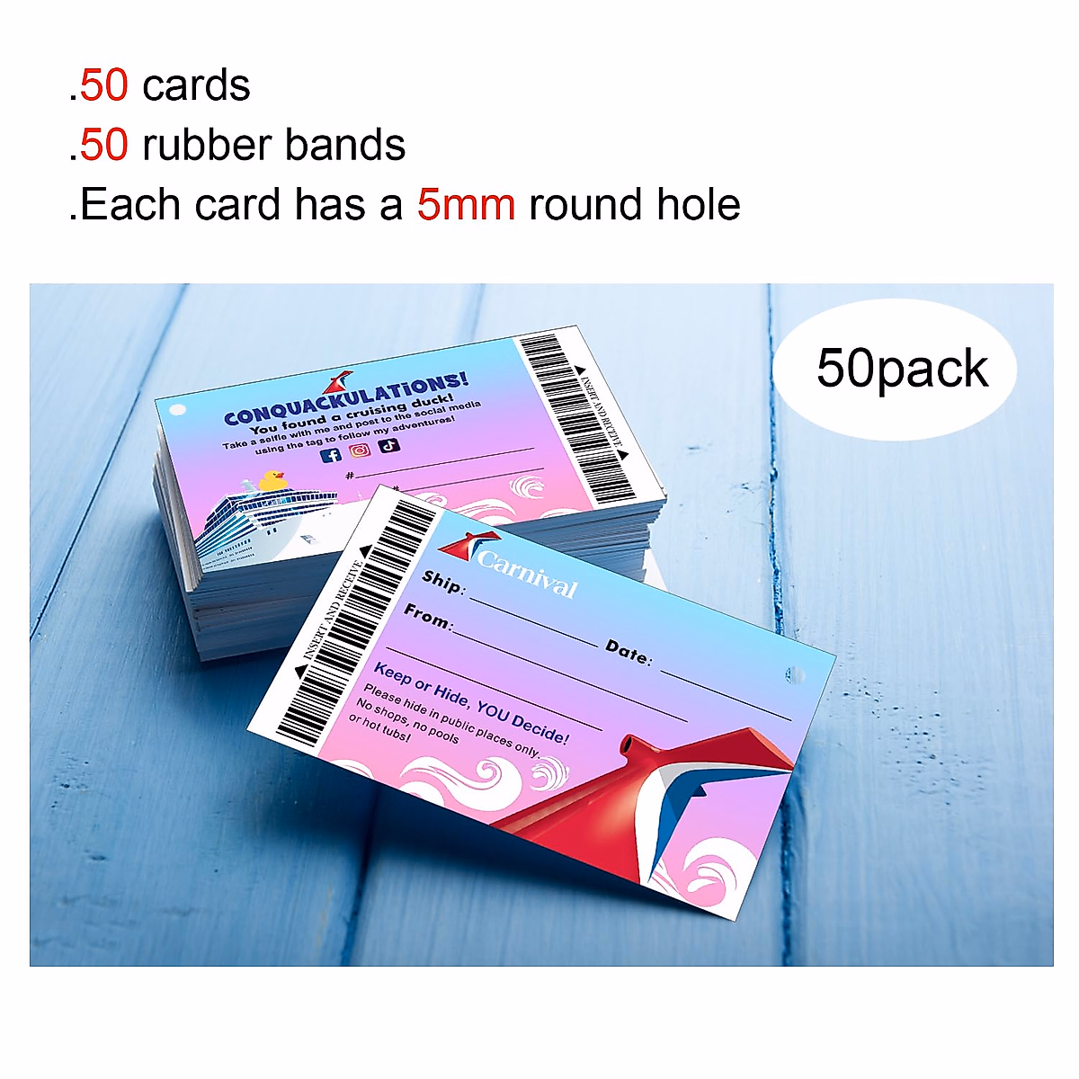 Cruising Rubber Duck Tags, Duck Tags, Carnival Cruising Line Gold Sailing Card, Duck Duck Tags, Ducking Game Cards, 50 Pack, 3.5 x 2 inches, with Hole and Rubber Bands (Cruise Tags 7FDC223)