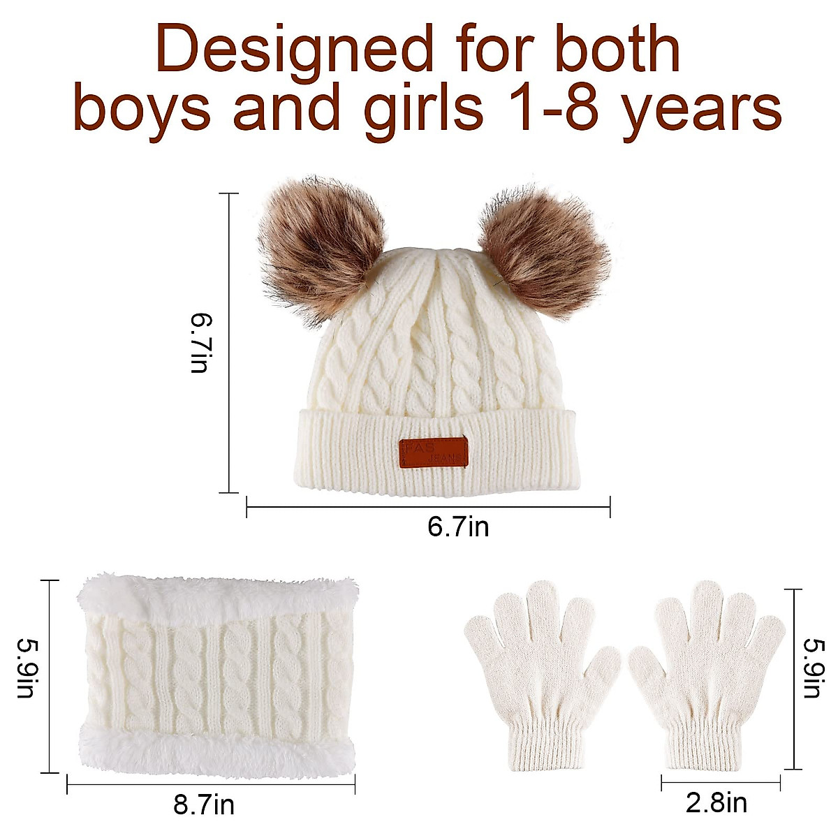 Kids Winter Hat Gloves Scarf Set, Girls Toddler Kids Beanie Hat with Pom Knit Gloves Neck Warmer for Girls Boys (White)