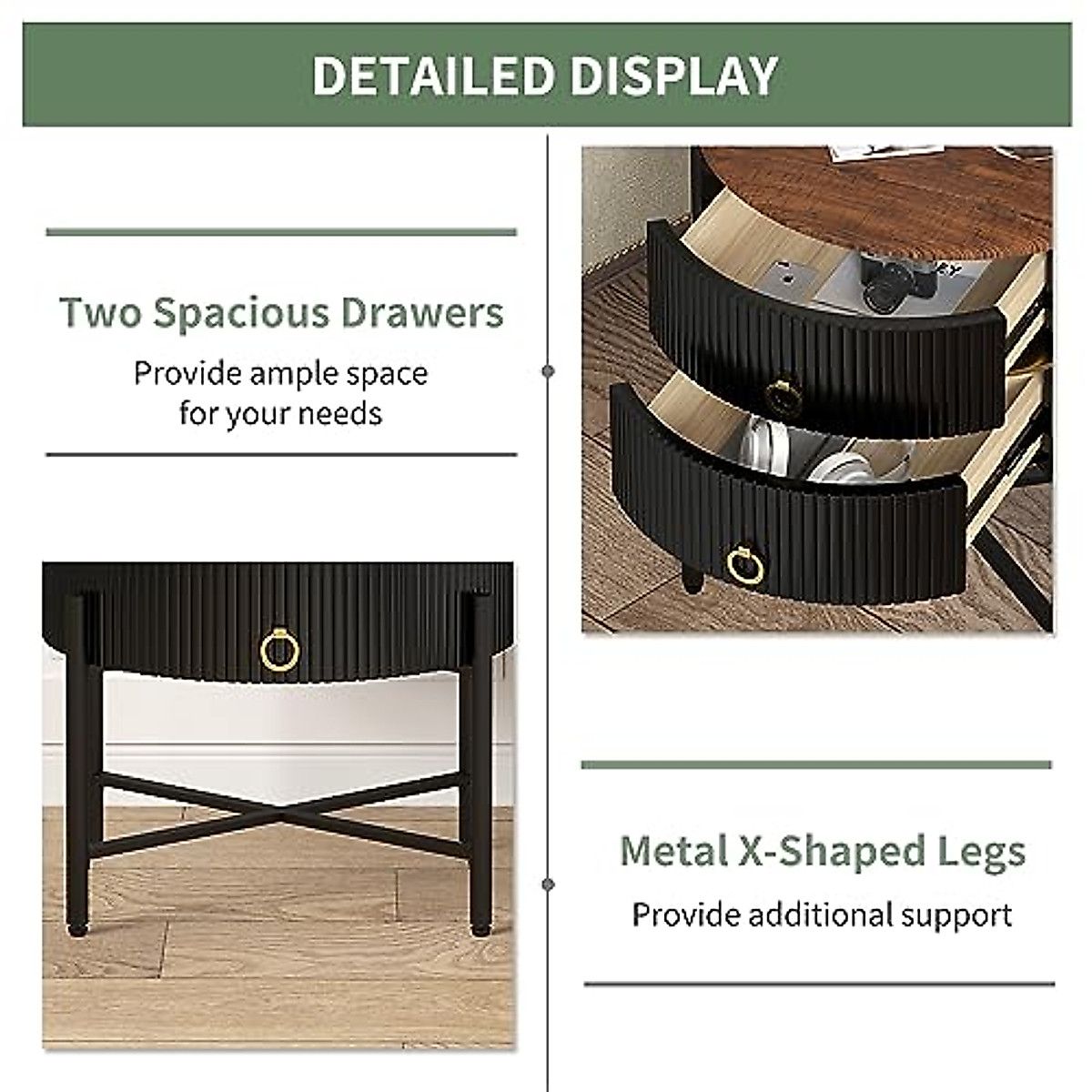 O&K FURNITURE Black Round Side Table for Living Room, Modern End Table with 2 Drawers, Metal Legs Nightstand for Bedroom, Black & Brown