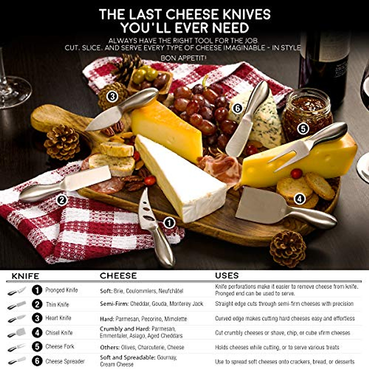 ICOSA Living Lunar 6-Piece Cheese Knife Set - Premium Stainless Steel Cheese Knives Collection - Charcuterie Board Accessories Gift Ready w/ 15 Festive Recipes