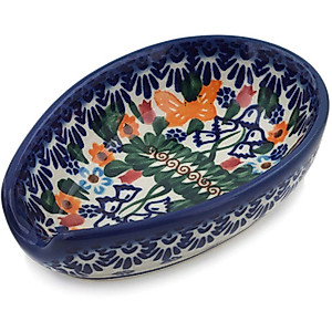 Polish Pottery 5-inch Spoon Rest (Double White Flower Theme) Signature UNIKAT + Certificate of Authenticity