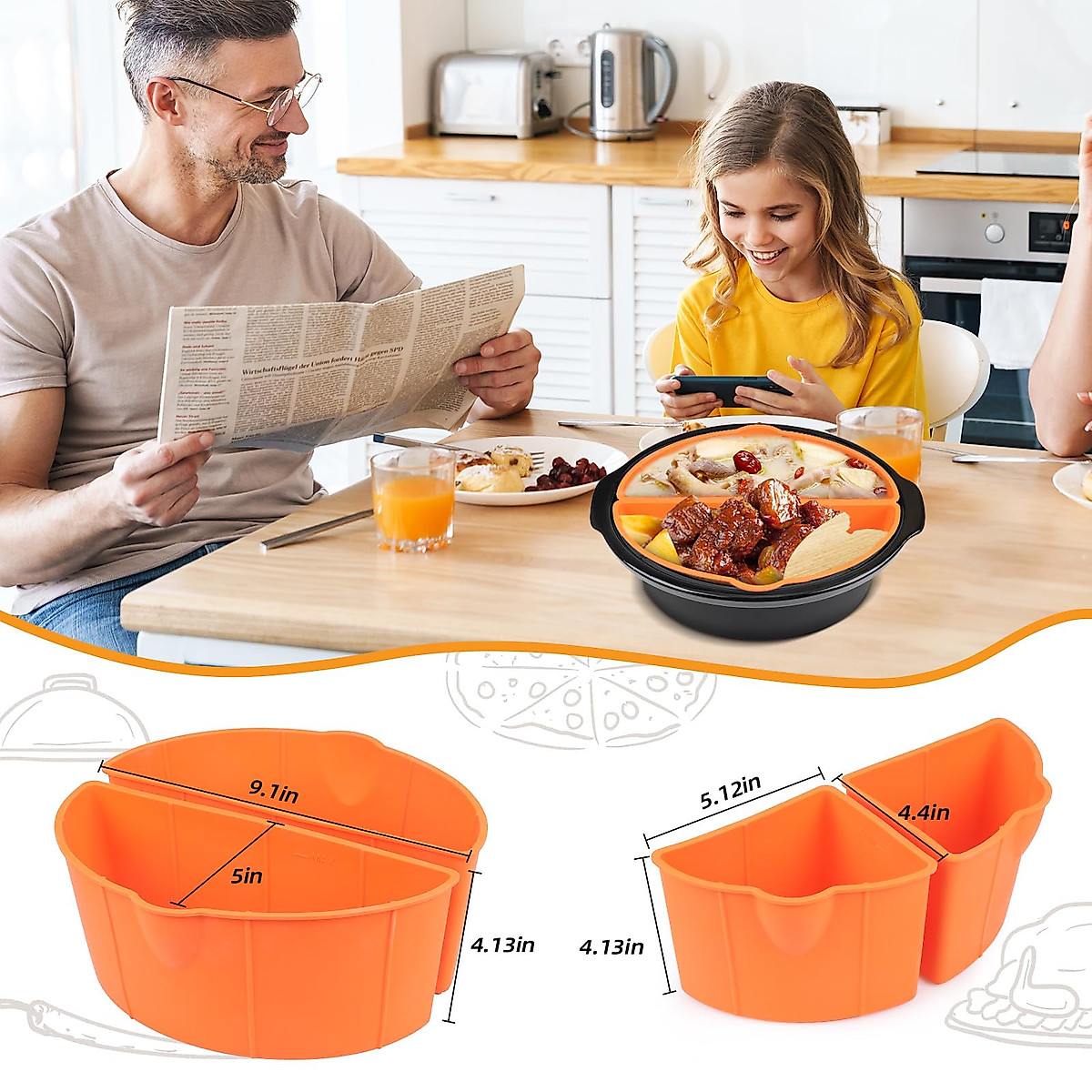Silicone Crock pot Liner Fit 6-7 Quart Oval Slow Cooker Reusable Leakproof Easy Clean Cooking Bags Divider Dishwasher Safe (Orange)