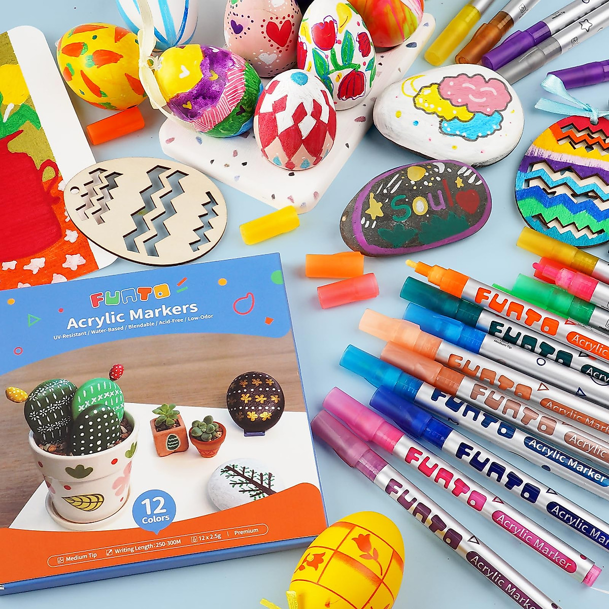 Funto Acrylic Paint Pens for Rock Painting, Fabric, Wood, Canvas, Metal, Ceramic, Glass, Scrapbooking Craft,12 Colors Paint Marker Set, Medium Tip, Non-Toxic, Quick Drying