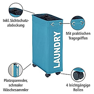 WENKO Corno Slim Laundry Basket with Wheels, Thin Laundry Hamper, Rolling Laundry Bin with Lid, Space Saving Narrow Laundry Hamper for dirty Clothes Storage, 23.6 x 15.7 x 7.3 inch, Petrol