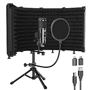 Studio Recording Microphone Isolation Shield with Pop Filter and Metal Tripod Stand, USB Condenser Mic to PC Laptop Smartphone, Studio Microphone for Recording Singing Podcasting