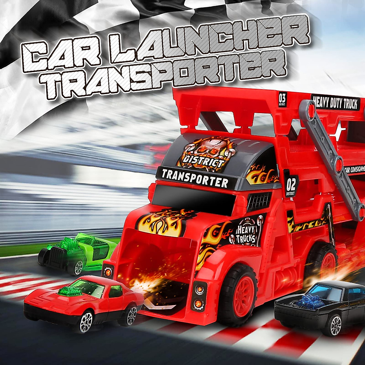 Aoskie Transport Carrier Truck Car Toy with Mini Cars and Road Signs, Hauler Launch Vehicles Play Set Gifts Games for Kids Ages 3-5 Years Old