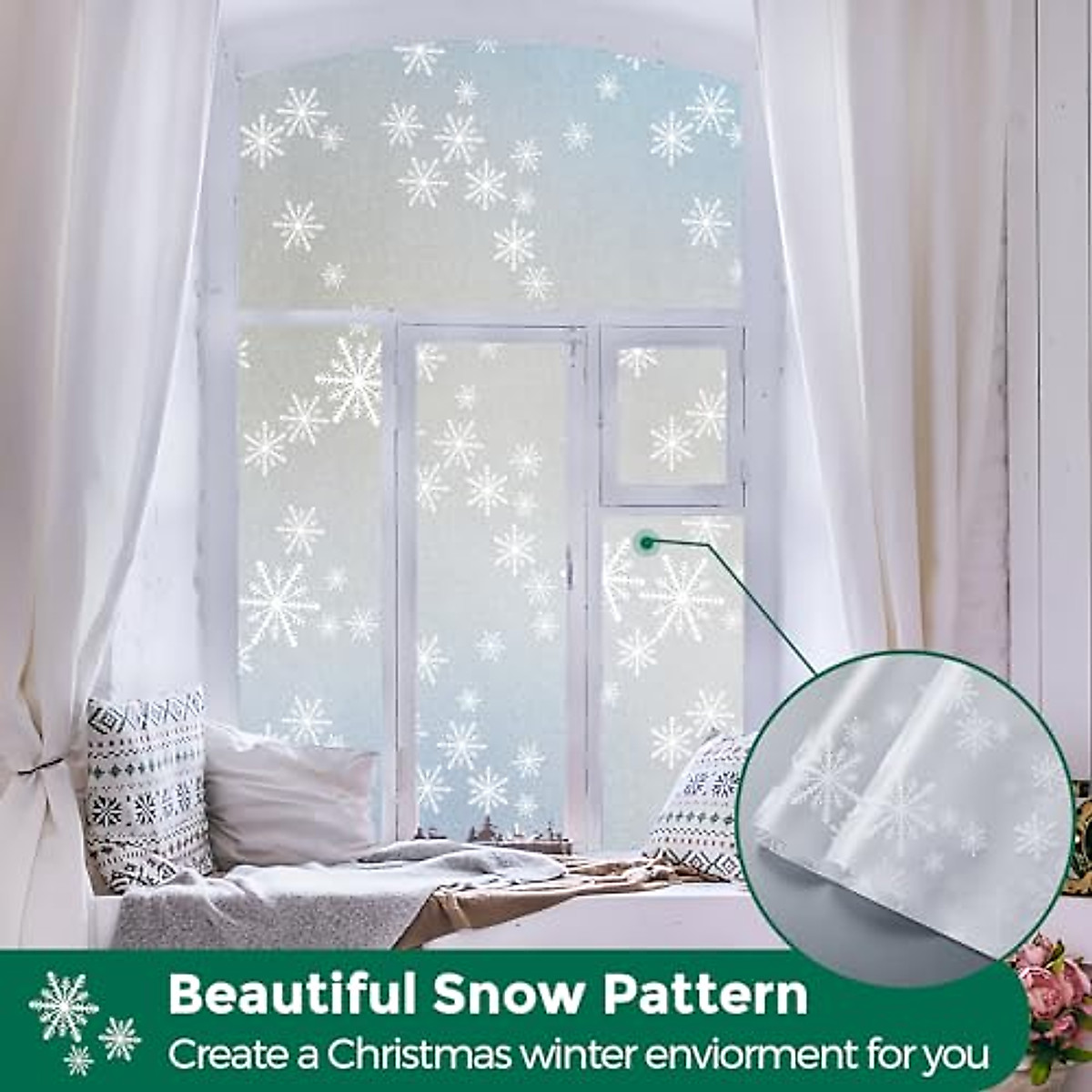 Beautyhero Christmas Snowflakes Decorations Window Privacy Film, Frosted Glass Window Film, Window Clings Static Cling for Home Bathroom Rental Decor 17.7 x 78.7 Inch