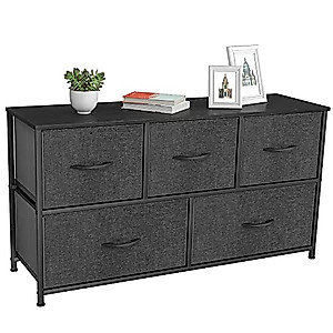 YITAHOME Storage Tower with 4 Drawers & Wooden Top (Black Grey) & Storage Dresser, Wide 5 Drawers, Black Grey