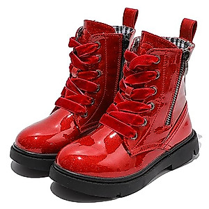 DADAWEN Boys Girls Glitter Ankle Boots Lace Up Waterproof Combat Shoes With Side Zipper for Toddler/Little Kid/Big Kid Red Glitter US Size 3 M Big Kid