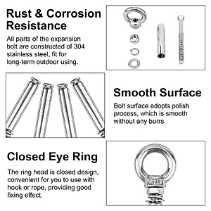 INCREWAY Expansion Bolt, 4 Pcs 304 Stainless Steel Ring Lifting Anchor Eyebolt Expansion Screw with Ring Closed Hook Internal Expansion Bolt Fastner for Concrete Wall, M8 x 80mm