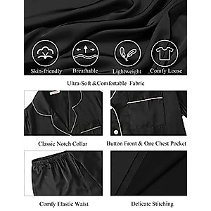Ekouaer Womens Loungewear Satin Short Sleeve Top and Shorts Pajamas Set, Black, Medium