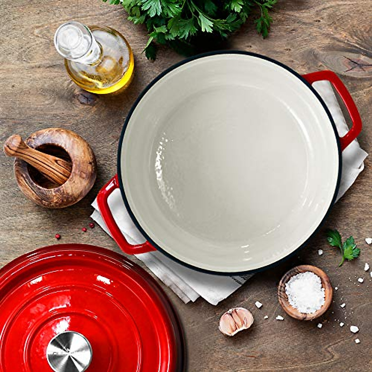 NutriChef Enameled Cast Iron Dutch Oven-5-Quart Kitchen Round Dutch Oven Stovetop Casserole Cookware, Porcelain Enamel Coated Cast-Iron Baking Pots w/ Self Basting Lid-NCCIEC45(Red),Medium