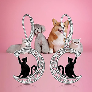 Black Cat Earrings For Women Sterling Silver 925 Kitty Cat Moon Earrings Dangle Jewelry Hypoallergenic Leverback Cute Valentines Christmas Gifts