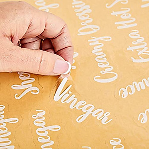 Talented Kitchen 132 White Cursive Oil and Vinegar Labels for Bottles, Clear Preprinted Condiments Stickers for Squeeze Dispensers, Kitchen Pantry Organization