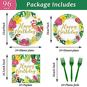96 Pieces Tropical Birthday Decorations Hawaiian Aloha Party Supplies Tableware Set Disposable Plates Party Plates Napkins Forks for Tropical Theme Baby Shower for Summer Pool Party Favor 24 Guests