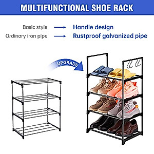 NiHome 4-Tier Shoe Rack, Shoe Racks Storage Organizer Closet with Hooks, Metal Cabinet Stackable Shoe Rack Tower, Space Saving Organizer Shoe Shelf Durable Holds 8 Pairs (Black)