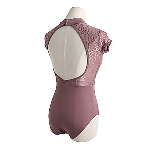 Cuulrite Women's Dance Leotards Lace Splice Open Back Gymnastics Leotard, Coffee, Medium