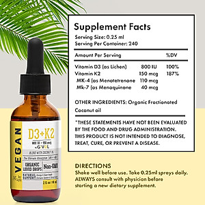 Vitamin D3 + K2 Liquid Drops (MK4 & MK7) Organic Fractionated Coconut Oil, Plant-Based, Gluten-Free, Dairy-Free, Soy-Free, Nut-Free - High Potency, Derived from Lichen & Natto, 2oz 240 Days Supply
