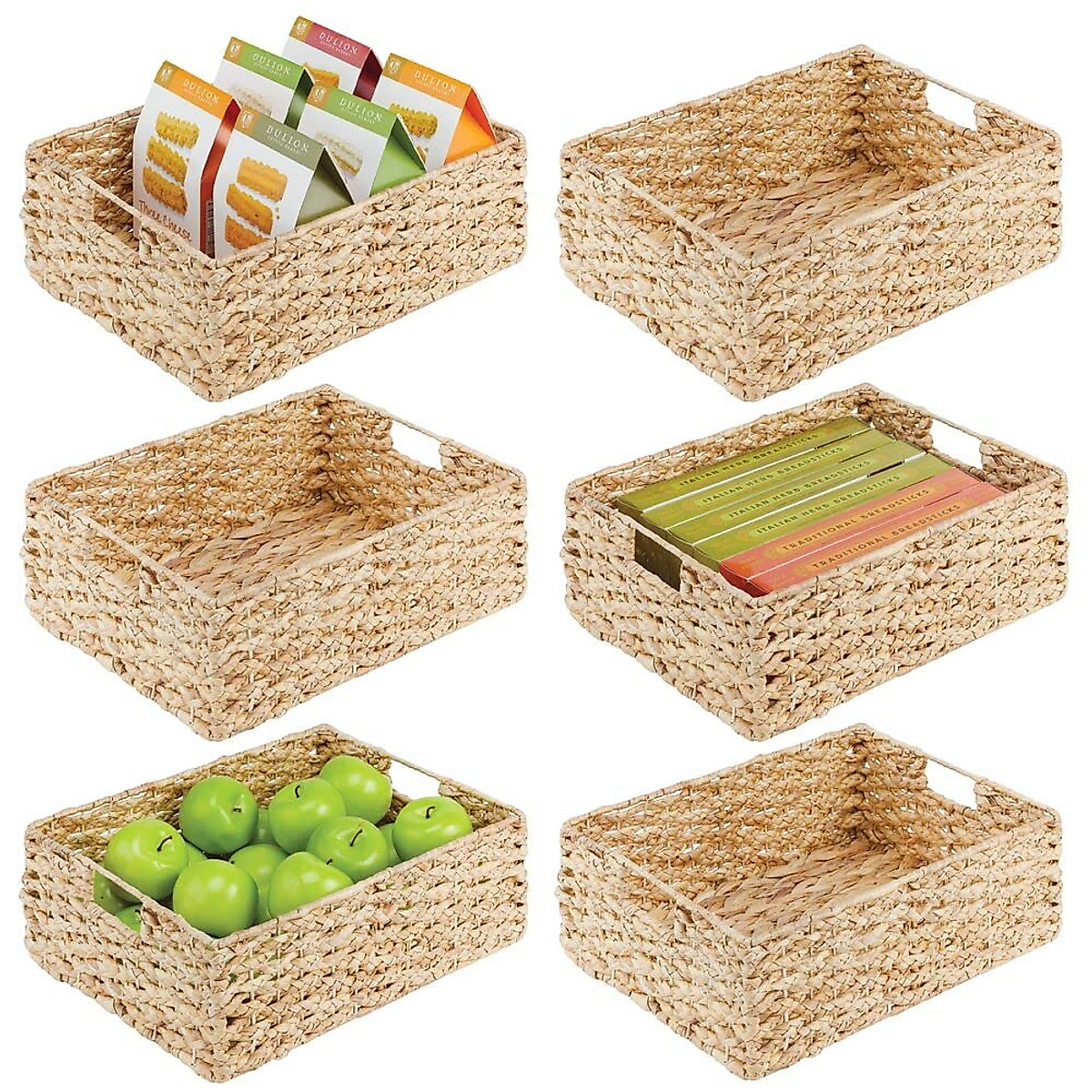 mDesign Hyacinth Braided Woven Kitchen Basket Bin with Built-in Handles for Organizing Kitchen Pantry, Cabinet, Cupboard, Countertop, Shelves - Holds Food, Drinks, Snacks - 6 Pack - Natural/Tan