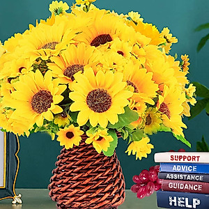 4 Bouquets of Artificial Sunflowers, Each Bunch of 4 Large Sunflowers Artificial Flowers Plus 9 Small Fake Flowers, Silk Fake Sunflowers for Home, Office, Garden Decor, DIY Flower Arrangement