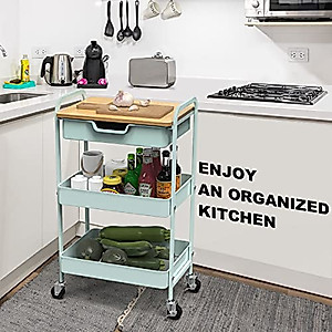 Aratan Utility Rolling Cart with Table Top, 3 Tier Metal Storage Cart with Drawer, Kitchen Organizer Cart with Handle and Locking Wheels for Bathroom Office Balcony Living Room (Light Green)
