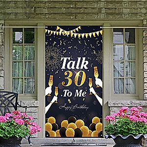 Dill-Dall Happy 30th Birthday Door Cover Banner, Talk 30 to Me Sign, 30th Birthday Backdrop Banner, 30th Birthday Party Decorations (Black & Gold)