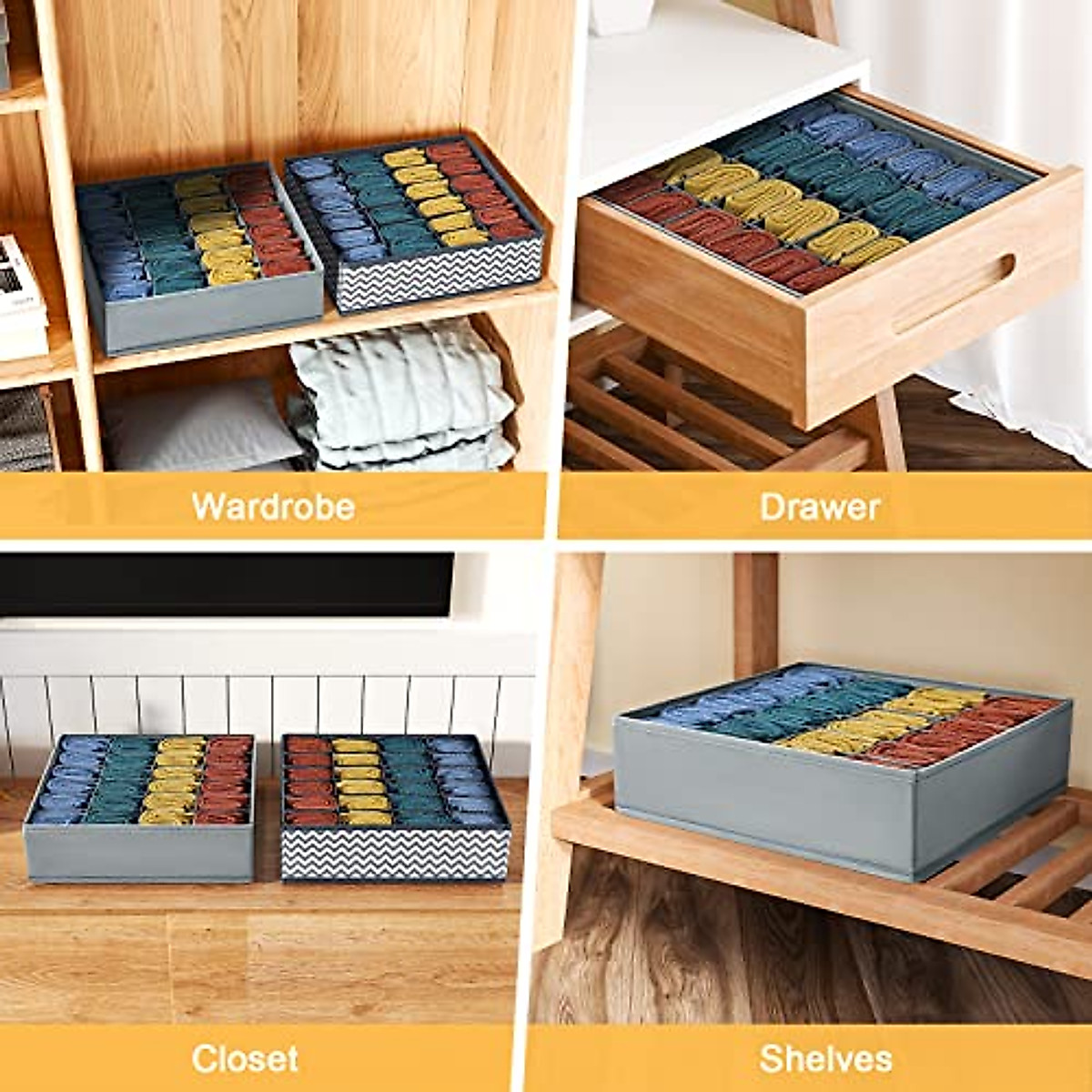 DIMJ Sock Drawer Organizers, Underwear Organizers with 72-Cell, Dresser Drawer Organizers for Clothing, Closet Organizers and Storage Boxes for Socks, Ties, Belts, 3 Packs (Grey)