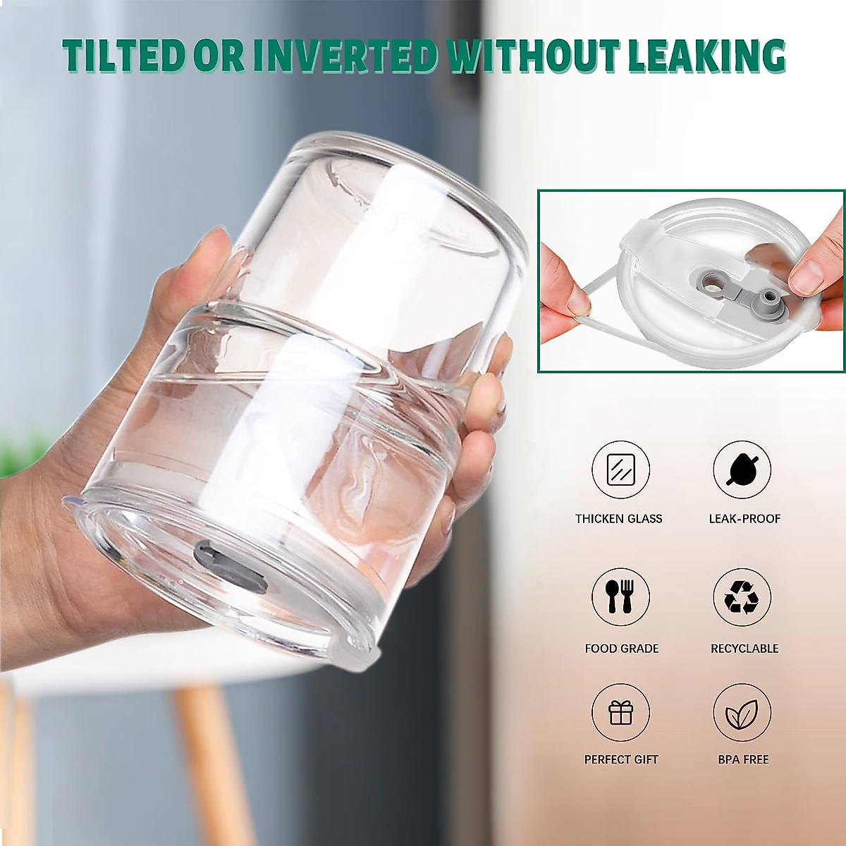 QINSLONY Iced Coffee Cup, 13oz Glass Tumbler with Lid and Glass Straw, Thick Wall Water Cup, Reusable Coffee Tumbler Sealed Carry on, Glass Coffee Mug with Leather Sleeve