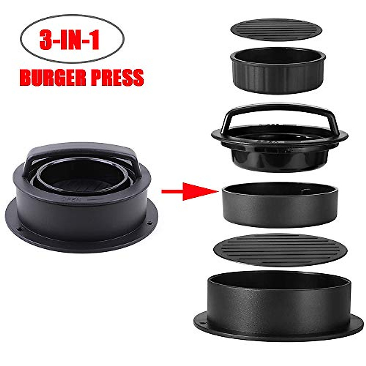 Stuffed Burger Press，3 in 1 Hamburger Patty Maker，Non Stick Burger Patties Cookery Mold to Make Stuffed Burger, Sliders Burger, Beef Burger,with 100 Wax Papers