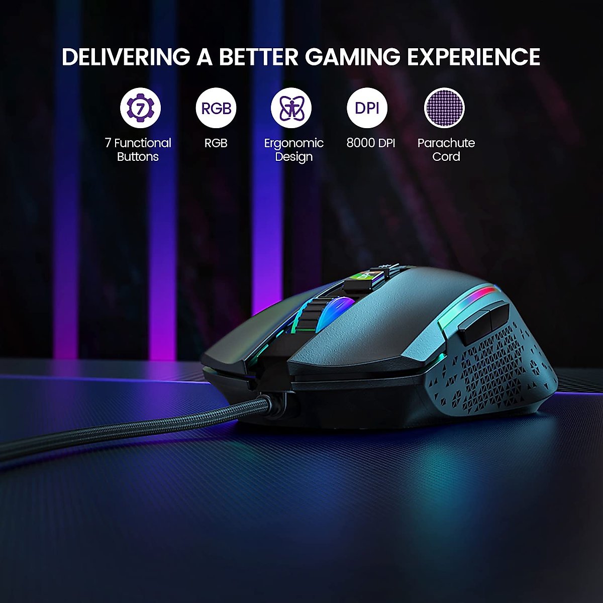 EKSA Gaming Mouse, Computer Mouse with 7 Programmable Buttons, Wired Gaming Mice with Chroma RGB 6 Backlit & Adjustable 8000DPI for Windows PC Gamers