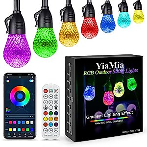 Outdoor String Lights 53FT RGB Color Changing Patio String Lights With App & Remote Control, 25 Bulbs Smart LED String Lights IP66 Waterproof Shatterproof 8 Scene Modes For Patio, Balcony, Garden