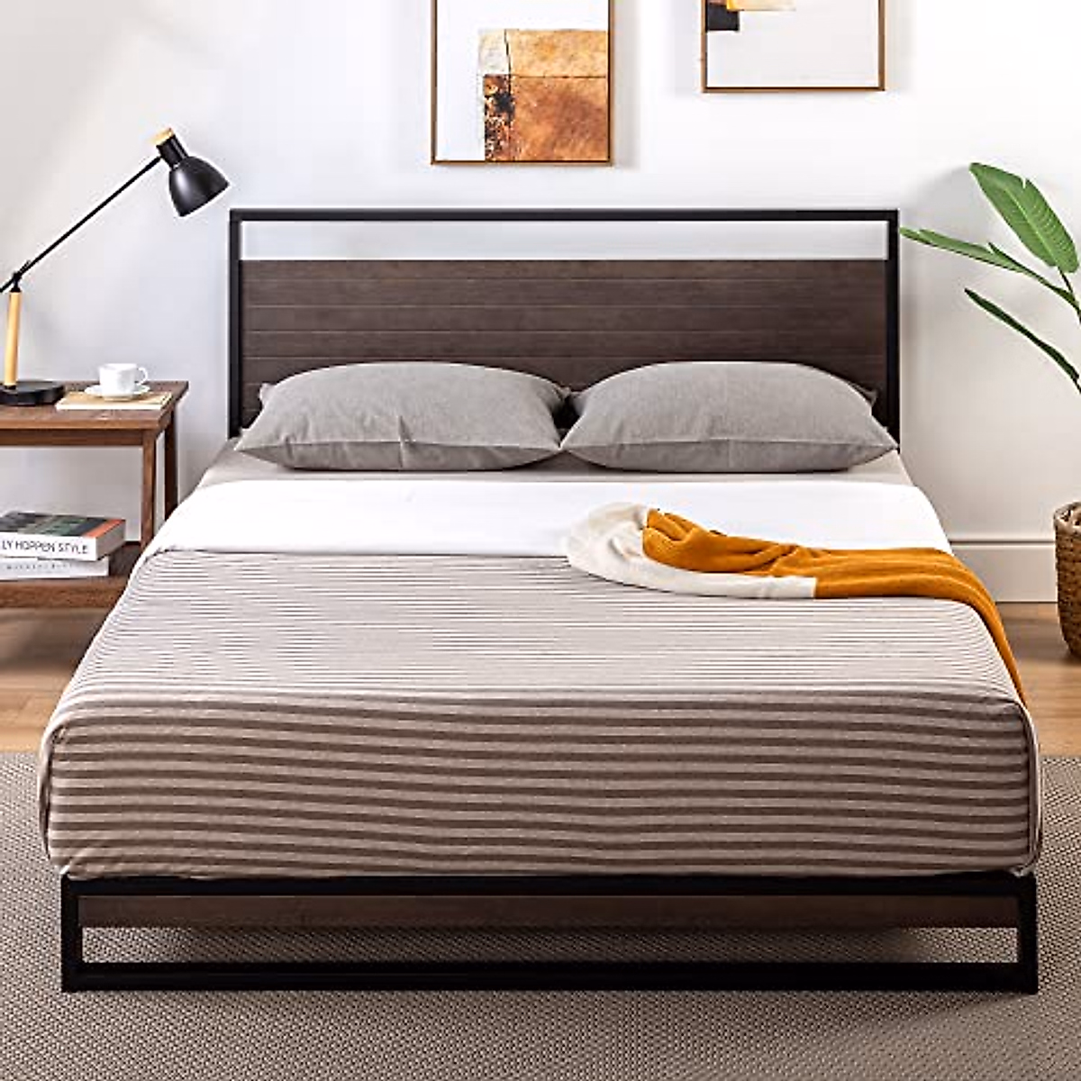ZINUS Suzanne 37 Inch Bamboo and Metal Platform Bed Frame / Solid Steel Construction / No Box Spring Needed / Wood Slat Support / Easy Assembly, Grey Wash, Full